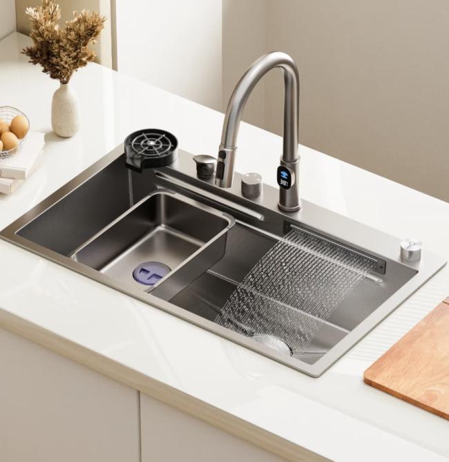 Close-up of kitchen sink partition showing material quality