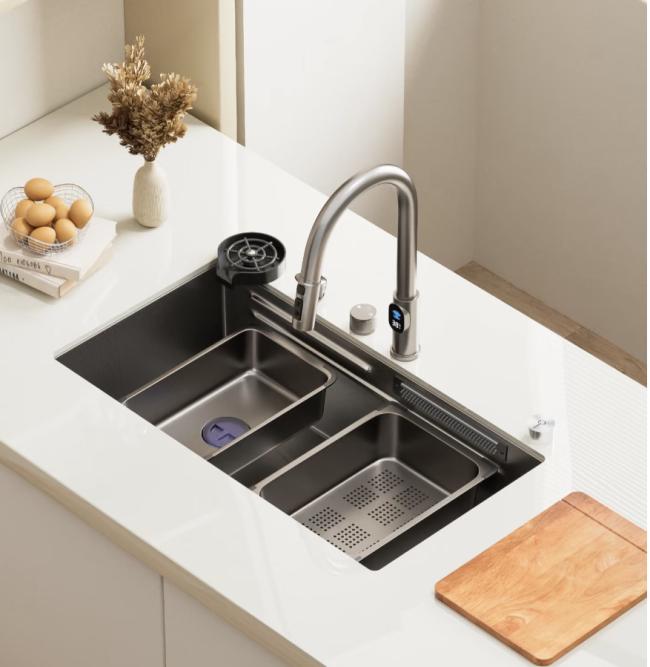 Stylish grey kitchen sink partition in modern kitchen setting