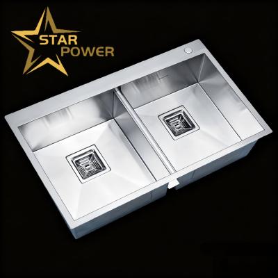 China STAR POWER 304 Stainless Steel Double Bowl Handmade Kitchen Sink with Customized Bowl Depth for sale
