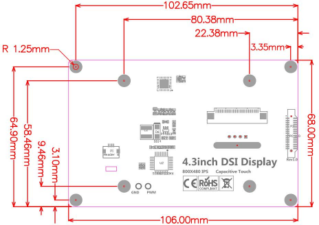 4.3-inch display dimensions diagram