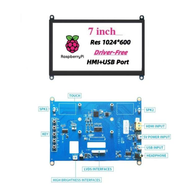 Quality 7 Inch 1024x600 HDMI LCD Display with 5-Point Capacitive Touch and Raspberry Pi Compatibility（450/800cd/m² Optional ） for sale