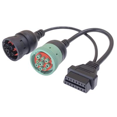 China Type 2 Green J1939 9pin Heavy-duty Truck OBD Adapter Diagnostic Tool J1708 6-pin Connector to OBD 2 16-pin Y Cable 800g 1500 for sale