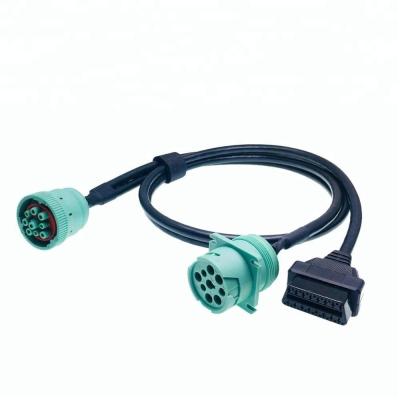 China Custom Pinout 12V/24V Type 2 Green Deutsch 9pin J1939 to OBD2 Connector Splitter Y Cable Splitter for sale