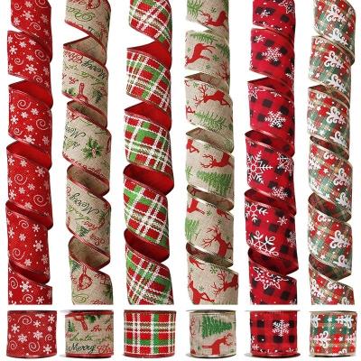 China Sustainable Wired Edge Burlap Ribbon 63mm Christmas Tree Linen Edge Customizable for sale