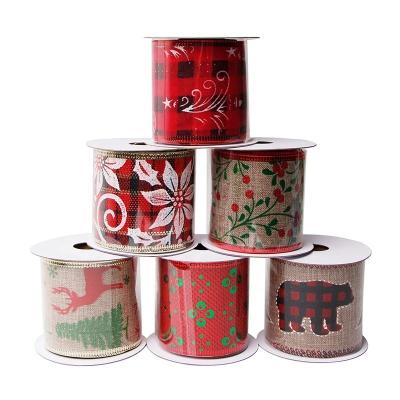 China Sustainable Wired Edge Burlap Ribbon 63mm Christmas Tree Linen Edge Customizable for sale