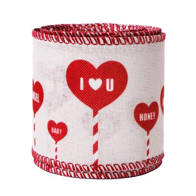 China Valentine's Day Burlap Ribbon with Bear Print and Wired Design Sweet Love Free Sample for sale