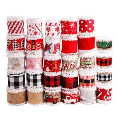 China 63MM MSD Christmas Wired Burlap Ribbon with Snow and Candy Print Create Festive Decor for sale