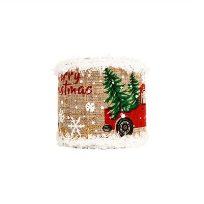 China 63MM MSD Christmas Wired Burlap Ribbon with Snow and Candy Print Create Festive Decor for sale