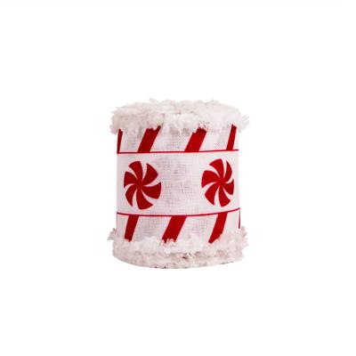 China 63MM MSD Christmas Wired Burlap Ribbon with Snow and Candy Print Create Festive Decor for sale