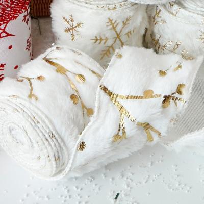 中国 2023 スタイルの クリスマス・クラフト リボン カスタム プルーシュ ワイヤ エッジ リボン 金色印刷 販売のため