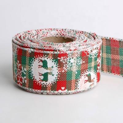 China Faixa de logotipo de Natal impressa sob medida para embalagem Largura 63 mm Faixa de tecido tipo burlap à venda