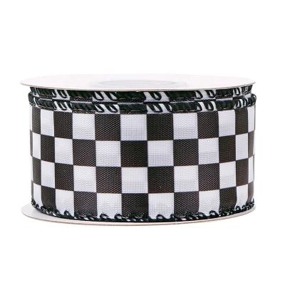 China 38mm Black and White Checkered Buffalo Plaid Wired Ribbon with Burlap Fabric Type Support Customized for sale