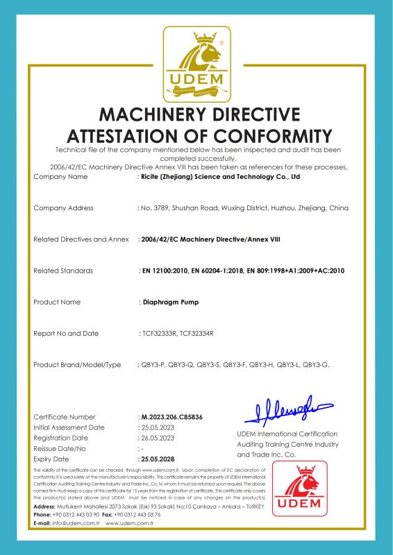 MACHINERY DIRECTIVEATTESTATION OF CONFORMITY - Ricite (Zhejiang) Science & Technology Co., Ltd.