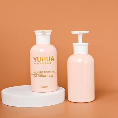 China 360ml Plastic Packaging Bottles Pink Color With Hot Stamping Lotion Pump for sale
