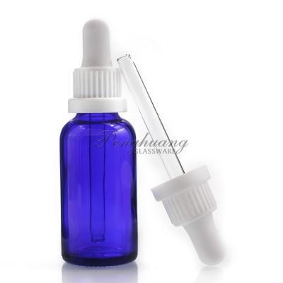 China Cylindrical 30ml Blue Oil Dropper Glass Bottle With Gold Dropper for sale