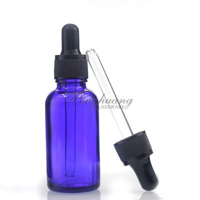 China Cylindrical 30ml Blue Oil Dropper Glass Bottle With Gold Dropper for sale