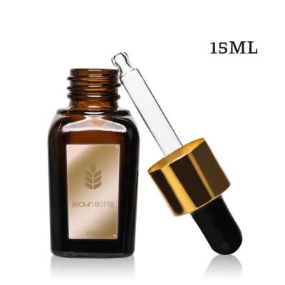 China Square Glass Amber Essential Oil Bottles 15/25/50/100ml With Gold Dropper for sale