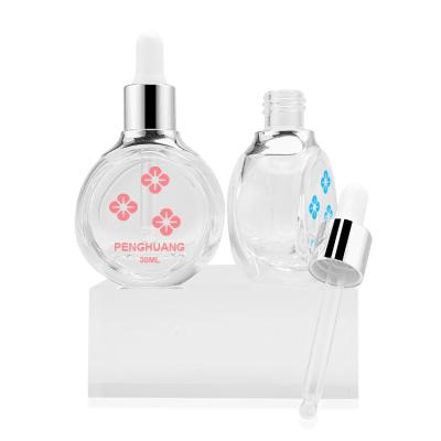 China Skincare Glass Round Serum Dropper Bottles 1oz 2oz Clear Bottle 30ml for sale