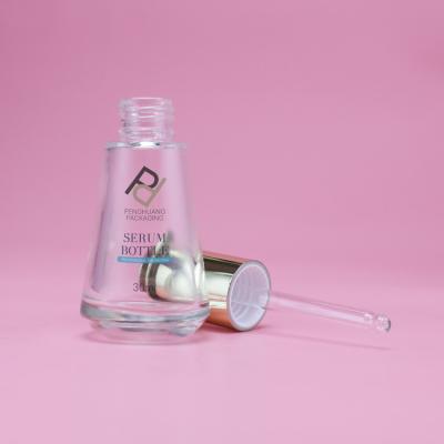 China 30ml Glass Serum Press Dropper Bottles Conical Flask Hot Stamping for sale