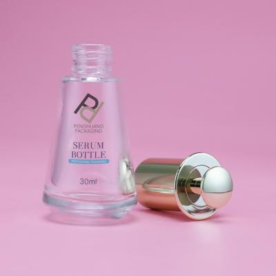 China 30ml Glass Serum Press Dropper Bottles Conical Flask Hot Stamping for sale