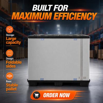 China Warehouse Storage Pallet Box with EVA Lining, Two C Shaped Coaming Panels Spliced, Collapsible Plastic Base Container for sale