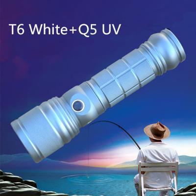 China CREE XML T6+Q5 Blue Purple UV LED Flashlight Dimmer Zoom Outdoor Night Hunt Fishing LED Lamp Two Light Source for sale