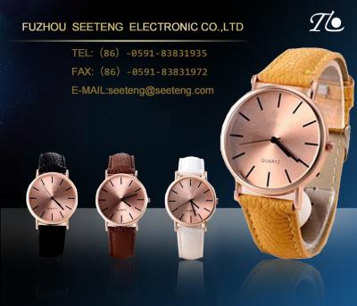 China Rose golden case simple style wrist watch with mature color PU leather strap for office ladies for sale