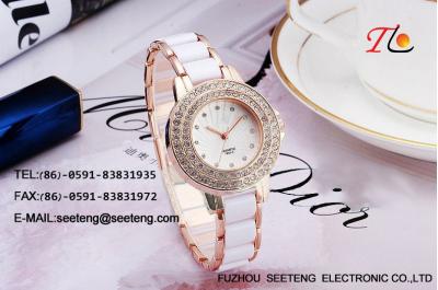 China Ladies watch  white bracelet metal  band and double circle diamond inset case for sale