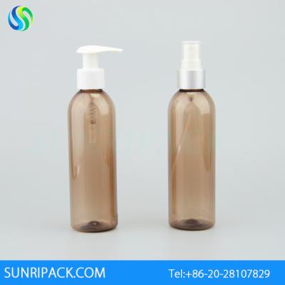 China 240ml cosmo round plastic bottles, 8oz amber plastic bottle w/pump, empty PET bottle for sale