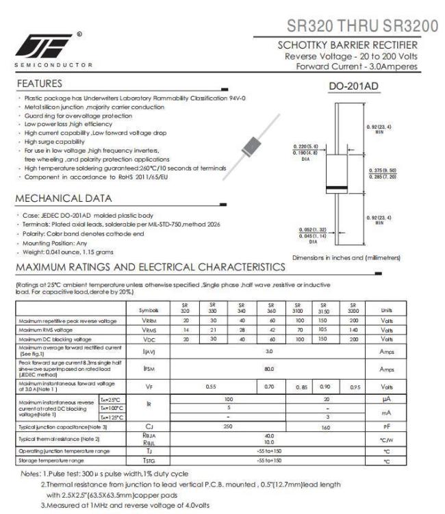 SR340 3A/40V DO-201AD THROUGH HOLE SCHOTTKY DIODE