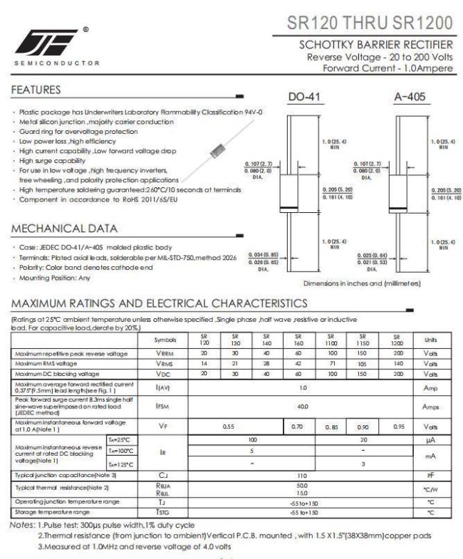 SR1200/SB1200 1A 200V Schottky Barrier Rectifier Diode