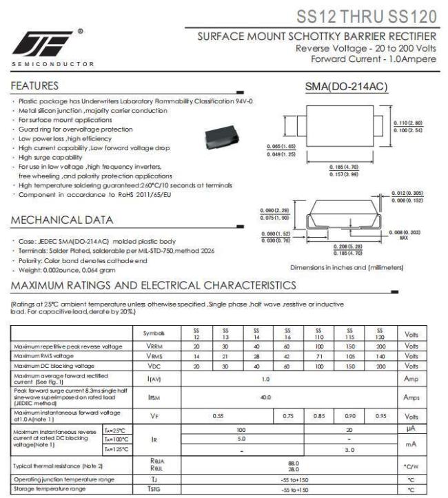 SS14 SMA/DO-214AC Package Schottky Rectifier Diodes With 1A 40V Parameter