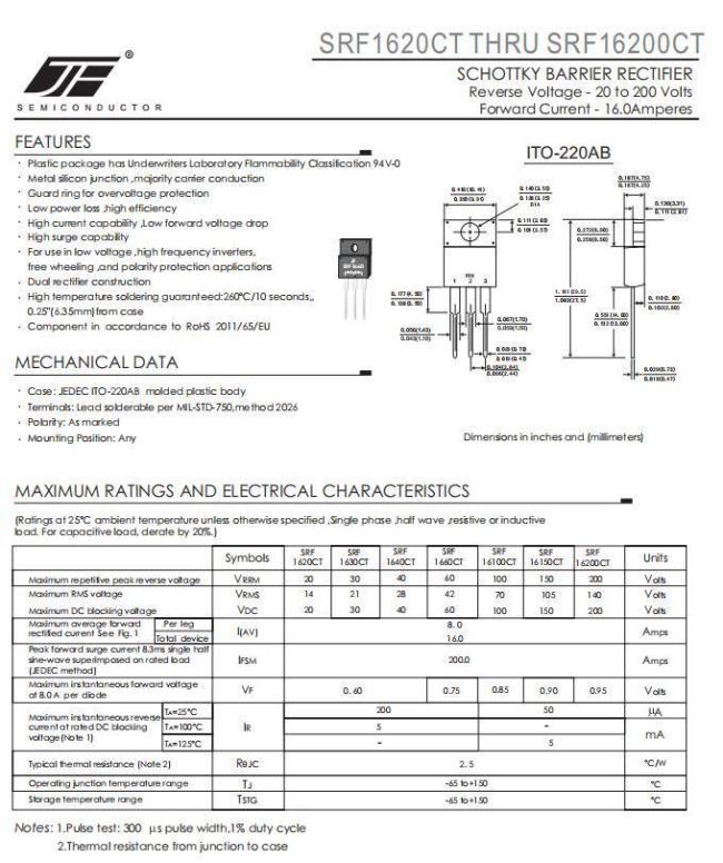 SRF1640CT 16A 40V Schottky Barrier Rectifier Diode with ITO-220AB Package