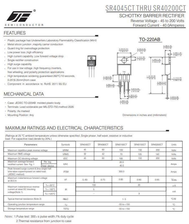SR40100CT 40A 100V Schottky Barrier Rectifier Diode with TO-220AB Package
