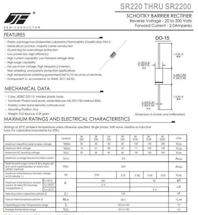SR220 /SR240/SR260/SR2100/SR2150/SR2200 2A Current Through Hole Schottky Barrier Rectifier Diode with DO-15 Package
