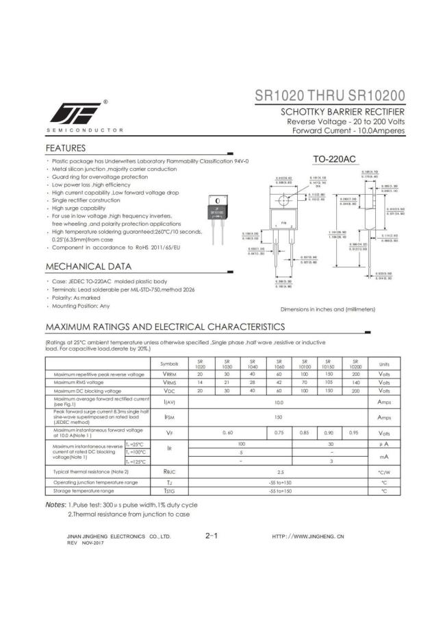 SR1020/SR1040/SR1060/SR10100/SR10150/SR10200 SCHOTTKY RECTIFIER DIODE WITH TO220AC
