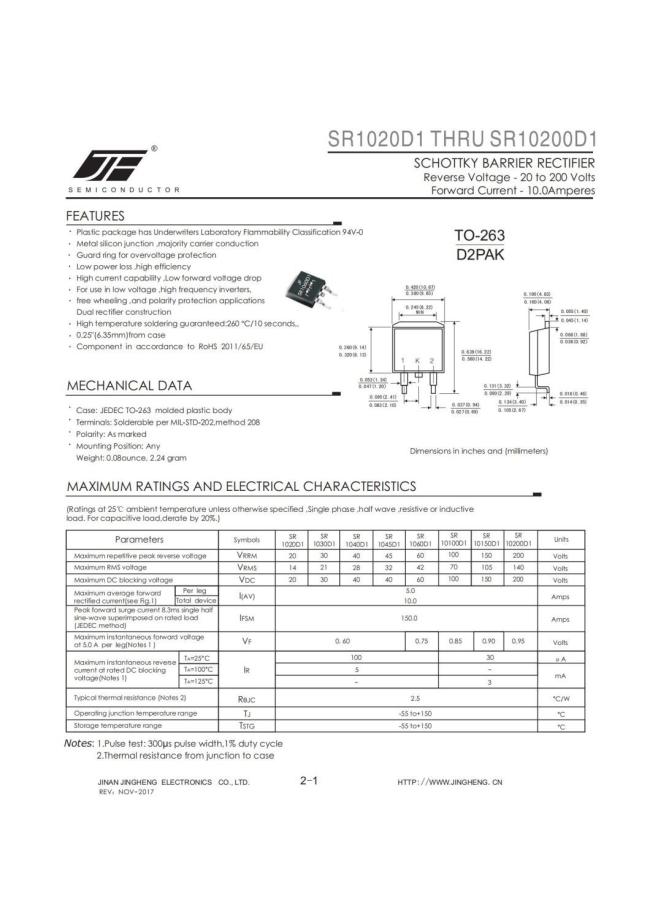 SR1020D1/SR1040D1/SR1045D1/SR1060D1/SR10100D1/SR10150D1/SR10200D1 SCHOTTKY DIODE WITH TO-263 PACKAGE