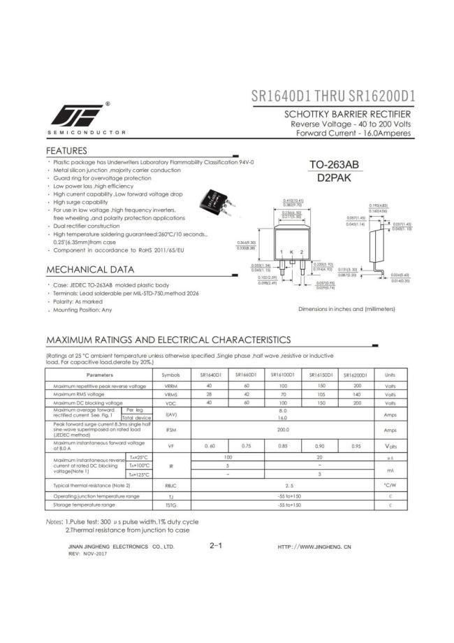 SR1640D1/SR1660D1/SR16100D1/SR16150D1/SR16200D1 SCHOTTKY BARRIER RECTIFIER DIODE WITH TO-263 PACKAGE
