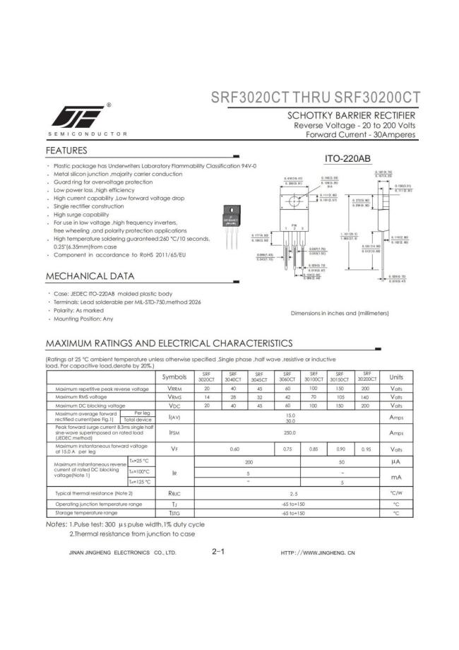 SRF3045CT/SRF3060CT /SRF30100CT /SRF30150CT /SRF30200CT SCHOTTKY BARRIER RECTIFIER DIODE WITH ITO-220AB PACKAGE