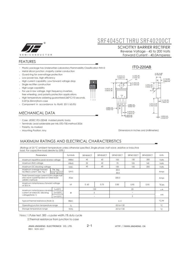 SRF4045CT/SRF4060CT/SRF40100CT/SRF40150CT/SRF40200CT SCHOTTKY BARRIER RECTIFIER DIODE WITH ITO-220AB PACKAGE