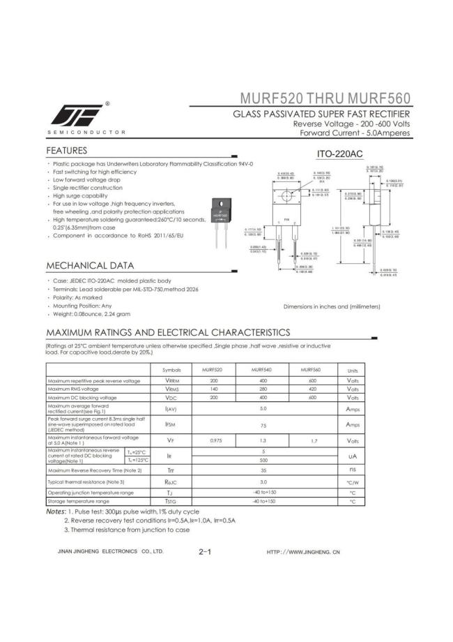 MURF520/MURF540/MURF560 SUPER FAST RECTIFIER DIODE WITH ITO-220AC PACKAGE