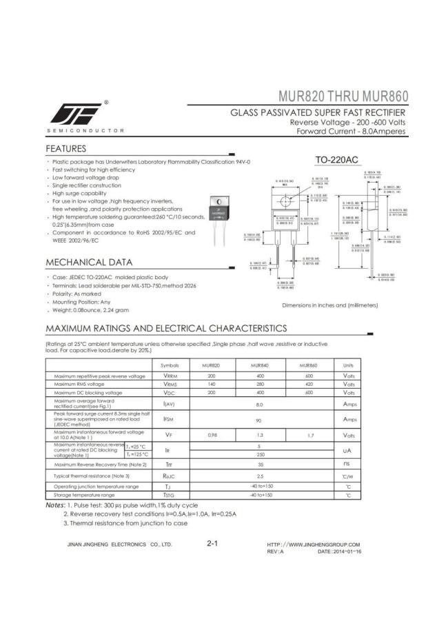 MUR820/MUR840/MUR860/MUR880/MUR8120 SUPER FAST RECTIFIER DIODE WITH TO220AC PACKAGE
