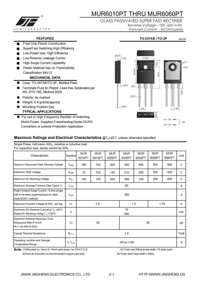 MUR6020PT/MUR6030PT/MUR6040PT/MUR6060PT/MUR60120PT SUPER FAST RECTIFIER DIODE WITH TO-247AB