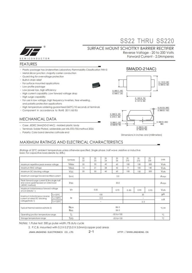 SS22/SS24/SS26/SS210/SS215/SS220 SCHOTTKY RECTIFIER DIODE WITH DO-214AC PACKAGE