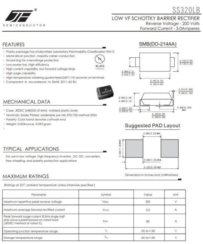 SS34LB THRU SS320LB Series 3A Current Low Vf Schottky Diode with SMB Package