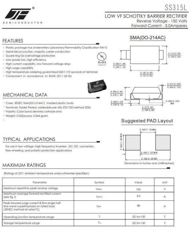 SS34L/SS345L/SS36L/SS38L/SS310L/SS315L/SS320L Low Vf Schottky Rectifier Diode with DO-214AC package