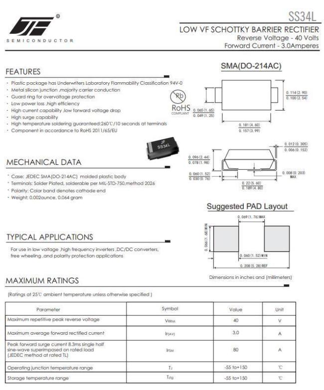 SS34L/SS345L/SS36L/SS38L/SS310L/SS315L/SS320L Low Vf Schottky Rectifier Diode with DO-214AC package