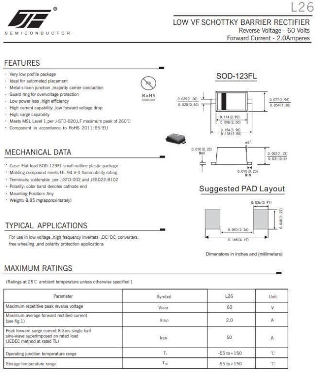 L26 2A 60V Low Forward Voltage Schottky Diode with SOD123 Package