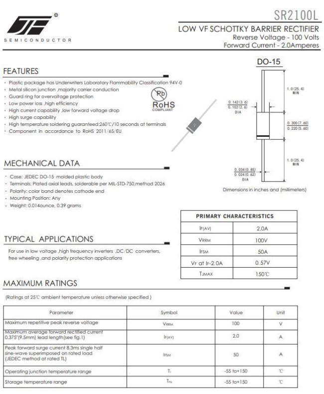 SR2100L 2A 100V LOW VF SCHOTTKY DIODE WITH DO-15 PACKAGE