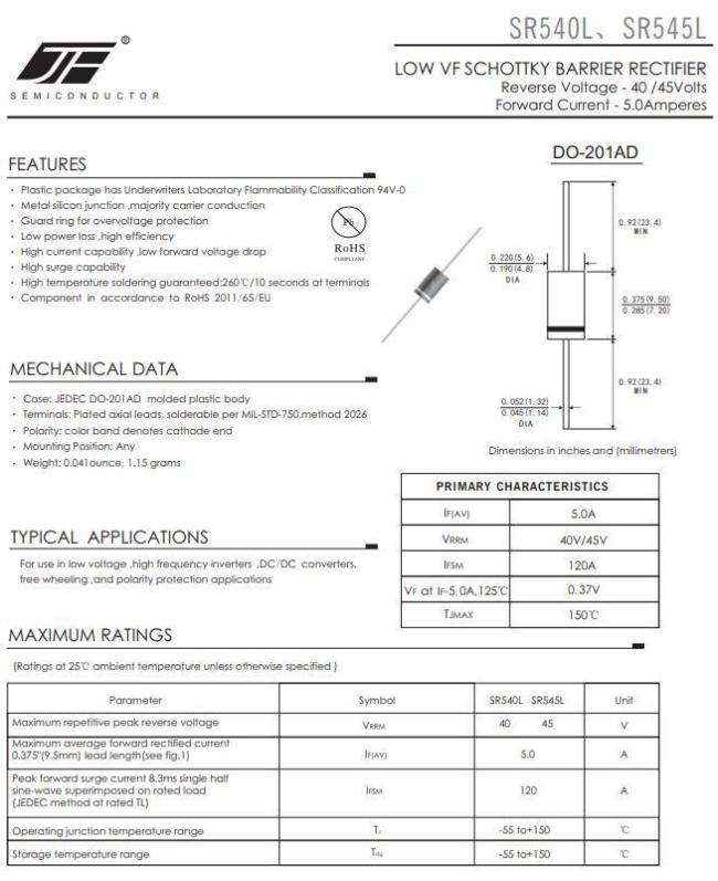 SR540L/SR545L/SR560L/SR580L/SR5100L/SR5150L/SR5200L 5A Current Low Vf Schottkky Diode with DO-201AD Package